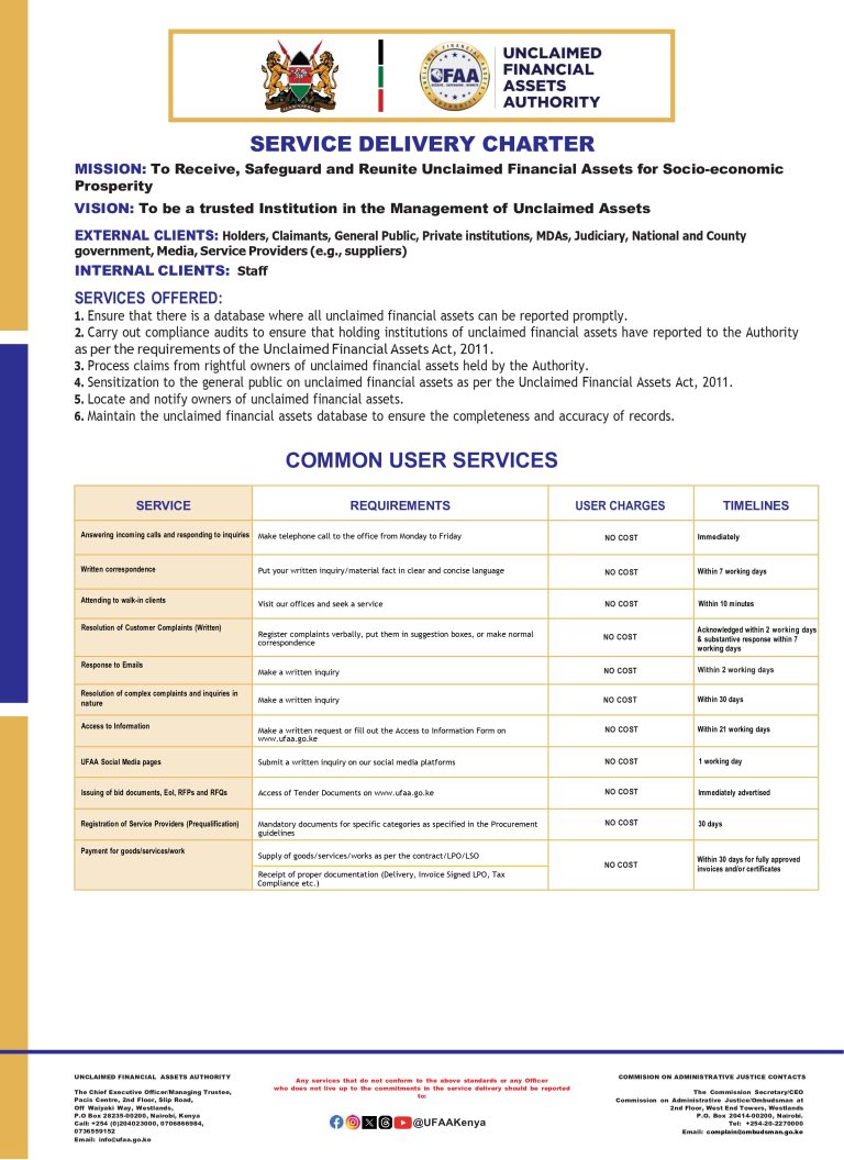 Service Delivery Charter – The Unclaimed Financial Assets Authority