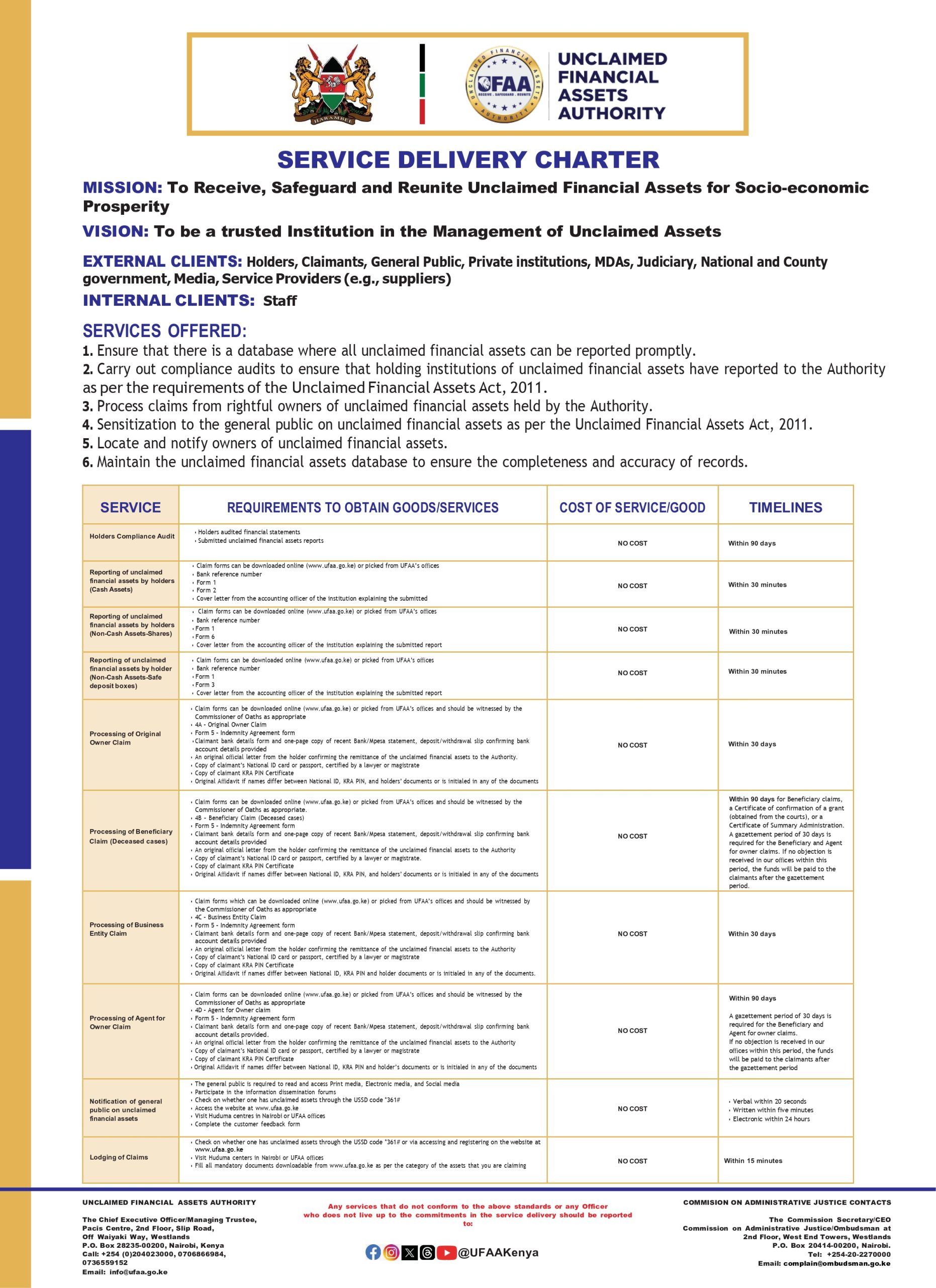 Service Delivery Charter – The Unclaimed Financial Assets Authority